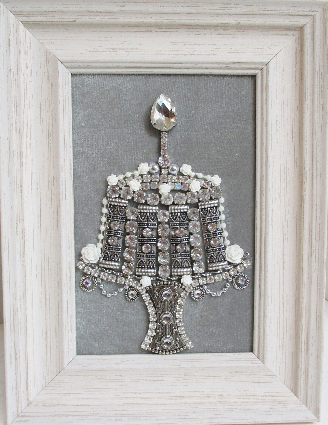 Jeweled Framed Jewelry Art Birthday Cake Gray White Silver Rhinestone ...
