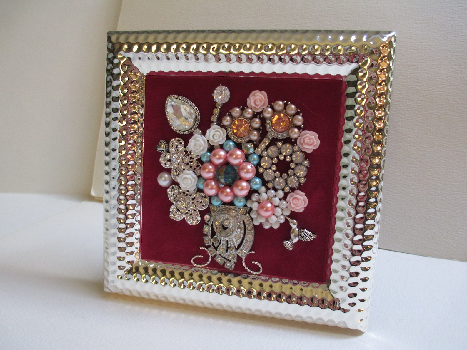 Jeweled Framed Jewelry Art Miniature Flower Bouquet Silver Pink Fuchsia ...