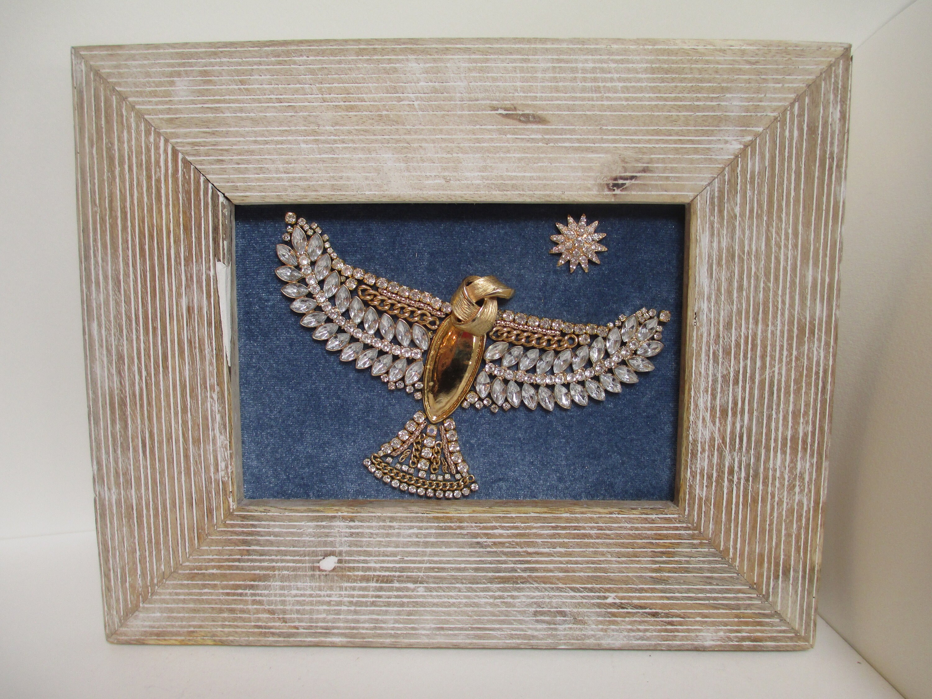 Jeweled Framed Jewelry Art Bird in Flight Blue Gold Vintage | Etsy