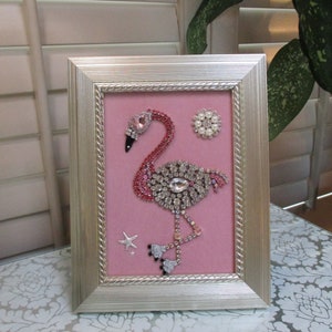 Jeweled Framed Jewelry Art Flamingo Pink Silver Vintage Rhinestone ...
