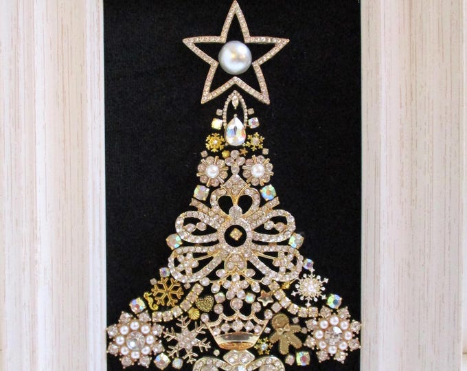 Jeweled Framed Jewelry Art Christmas Tree Black Gold Snowflake ...