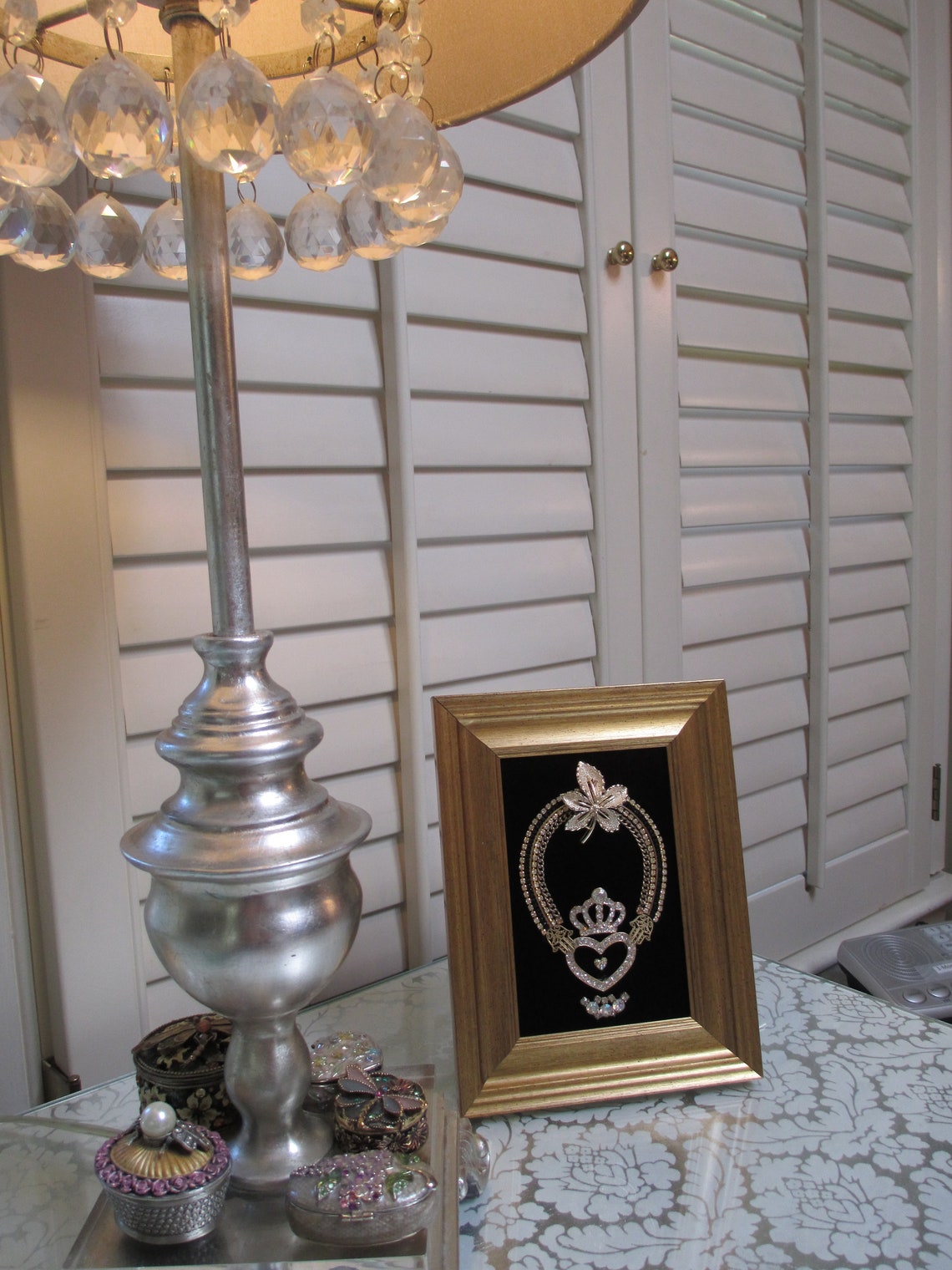Jeweled Framed Jewelry Art Claddagh Irish Black Gold Vintage Rhinestone ...