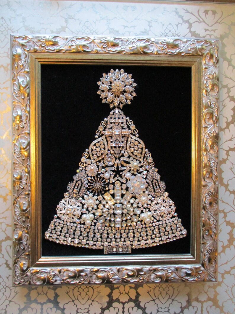 Jeweled Framed Christmas Tree Black Silver Vintage Deco Rhinestone ...