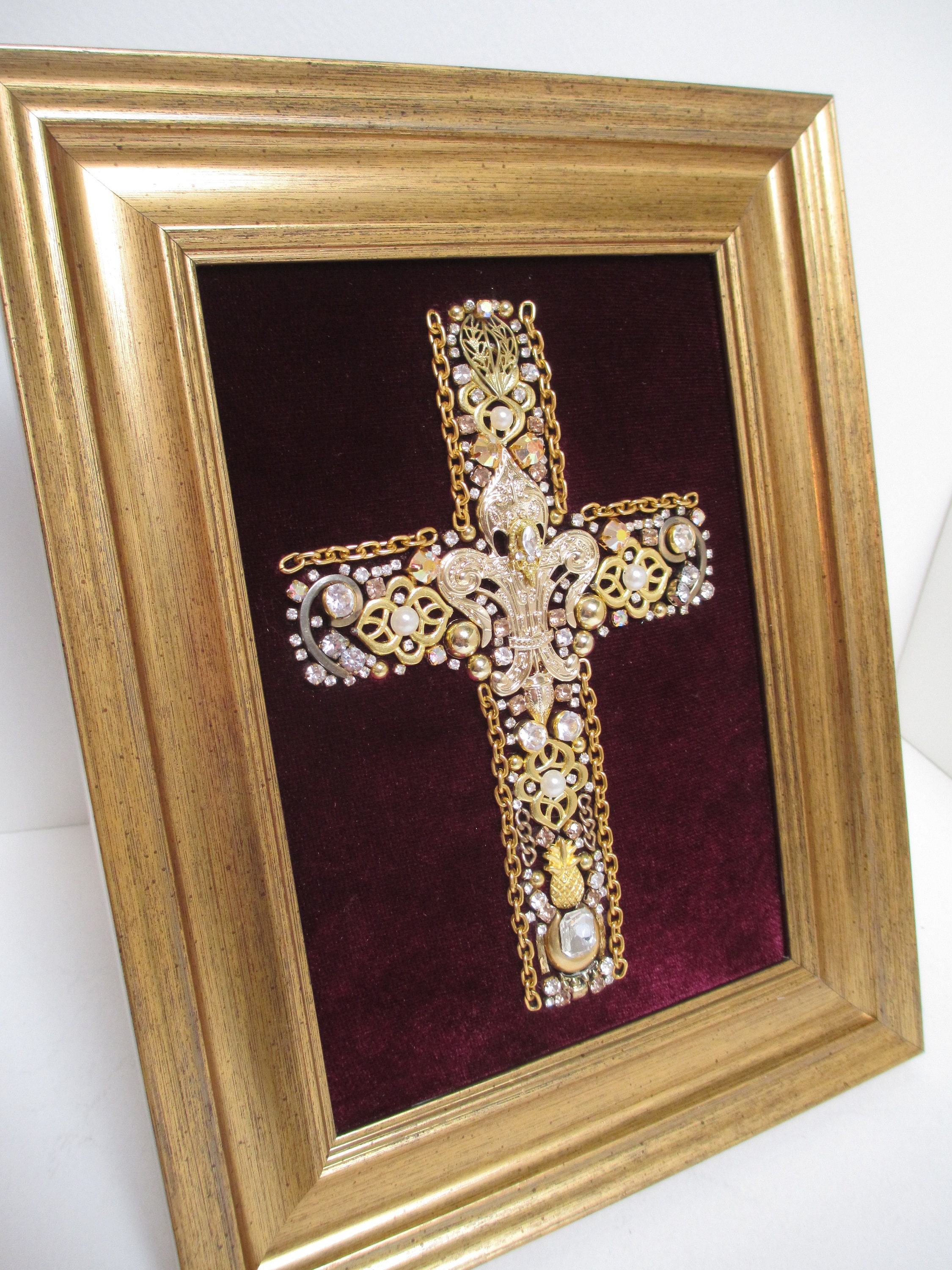Jeweled Framed Jewelry Art Cross Maroon Gold Detailed Rhinestone ...