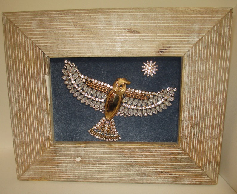 Jeweled Framed Jewelry Art Bird in Flight Blue Gold Vintage | Etsy