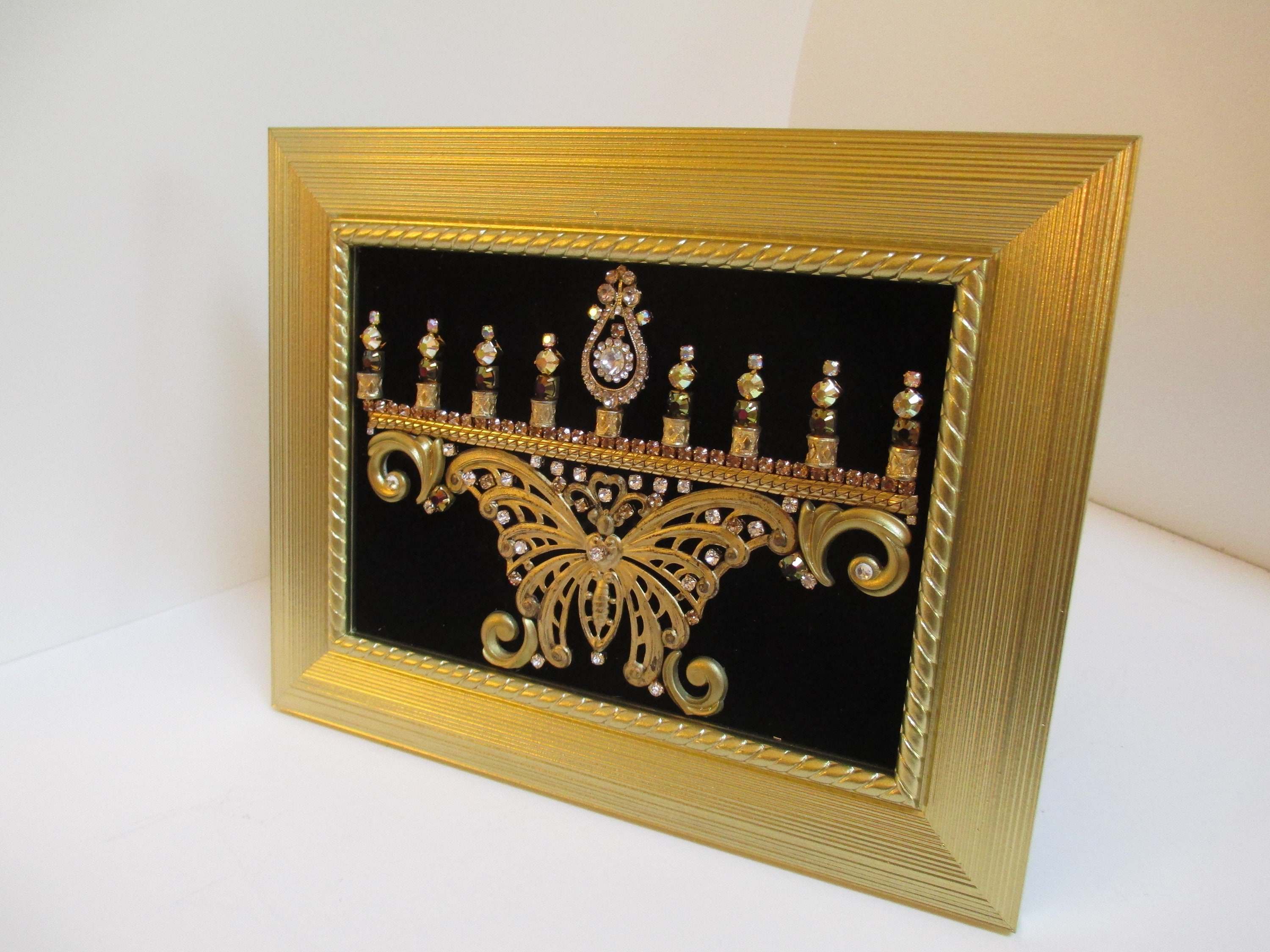 Jeweled Framed Jewelry Art Menorah Black Gold Detailed Vintage | Etsy