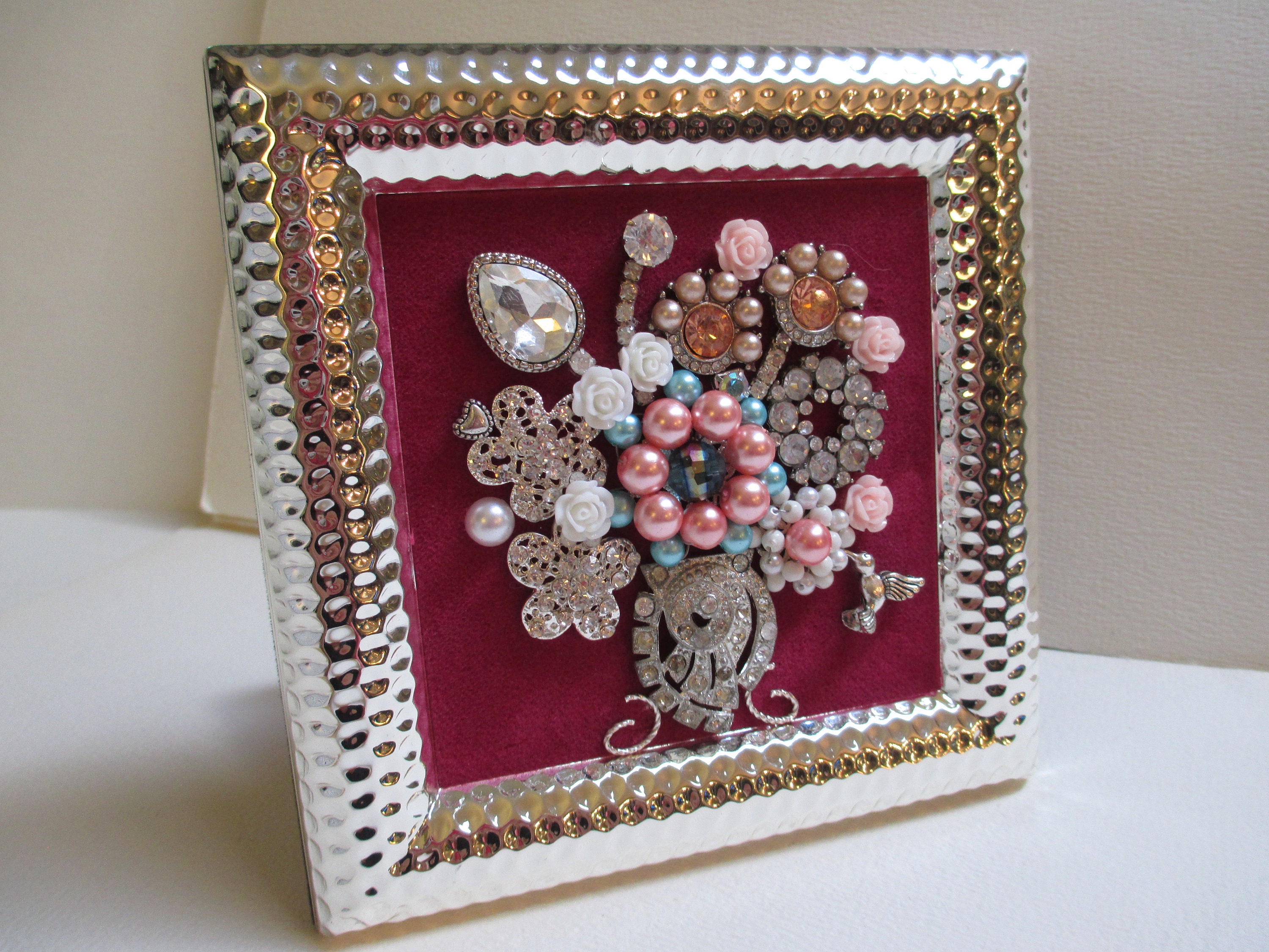 Jeweled Framed Jewelry Art Miniature Flower Bouquet Silver Pink Fuchsia ...