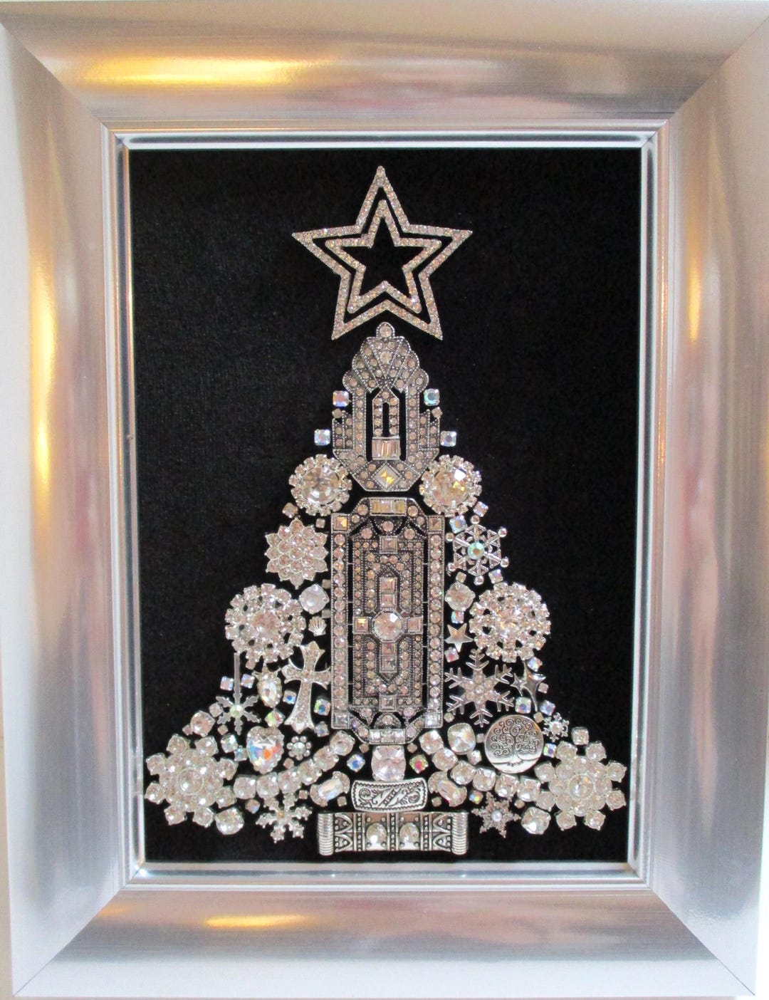 Jeweled Framed Jewelry Art Christmas Tree Black Silver Deco Rhinestone ...