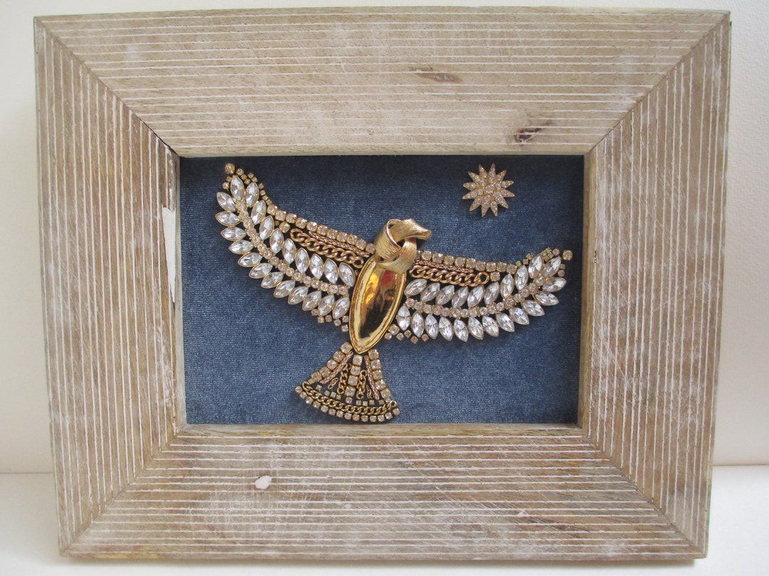 Jeweled Framed Jewelry Art Bird in Flight Blue Gold Vintage Detailed ...