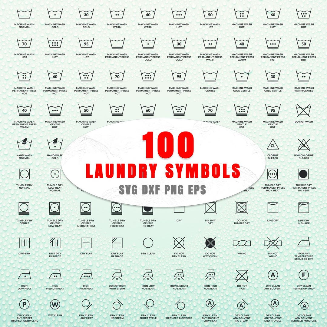 100 Laundry Symbols Svg, Laundry Icons Svg, Cloth Care Symbols, Washing ...