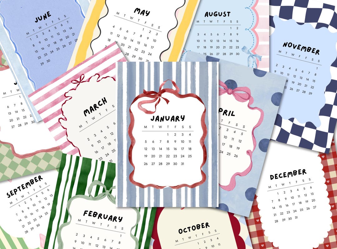 2026 Preppy Monthly Poster Calendar Coquette Bow, Watercolor Stripe 3 ...