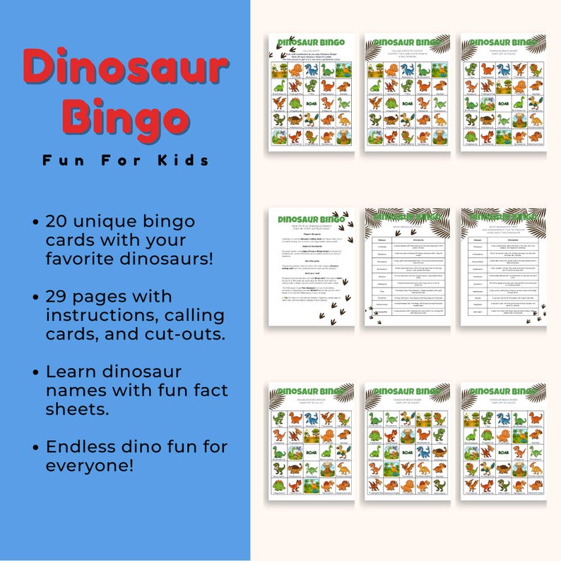 Dinosaur Bingo Game: Kids Printable Party Activity (digital Download ...