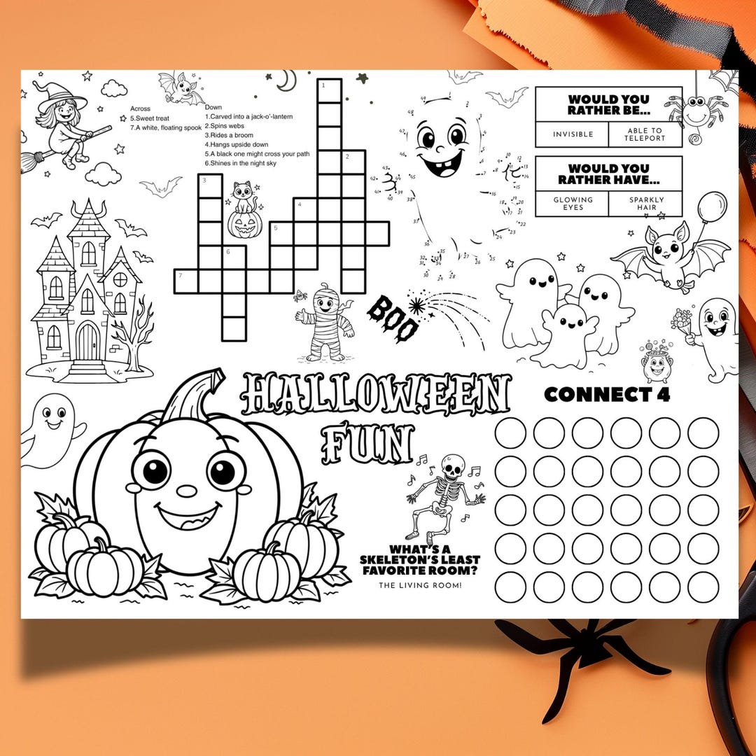 Halloween Coloring Activity Placemat - Printable Kids Games - Etsy