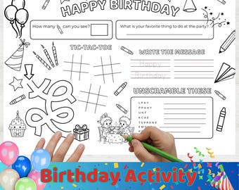 Birthday Party Coloring Activity Placemat for Kids Activity Sheet, Fun ...
