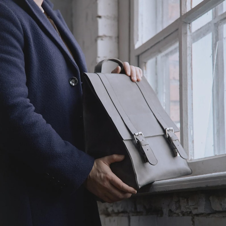 Vintage Gray Leather Backpack – 14" Laptop Daypack for Travel, Office ...