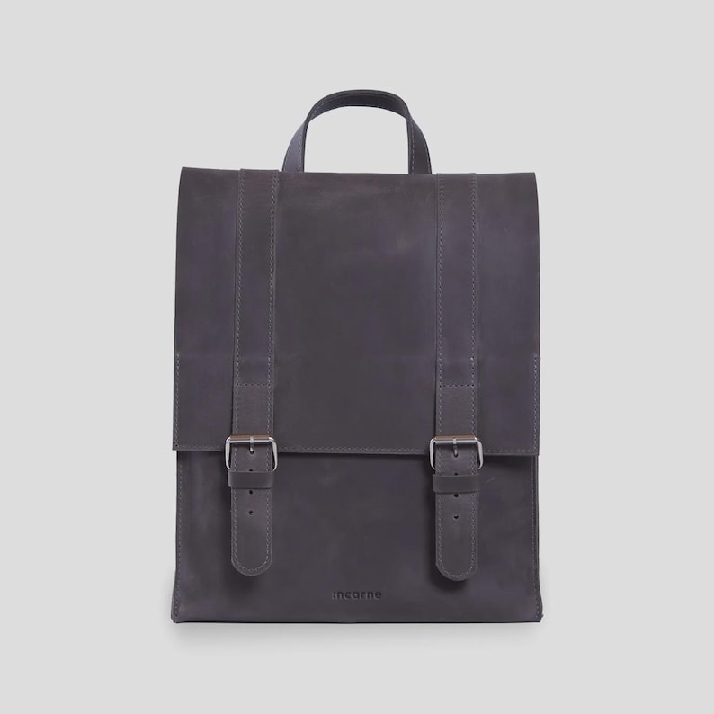 Vintage Gray Leather Backpack – 14" Laptop Daypack for Travel, Office ...