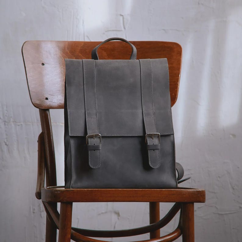 Vintage Gray Leather Backpack – 14" Laptop Daypack for Travel, Office ...