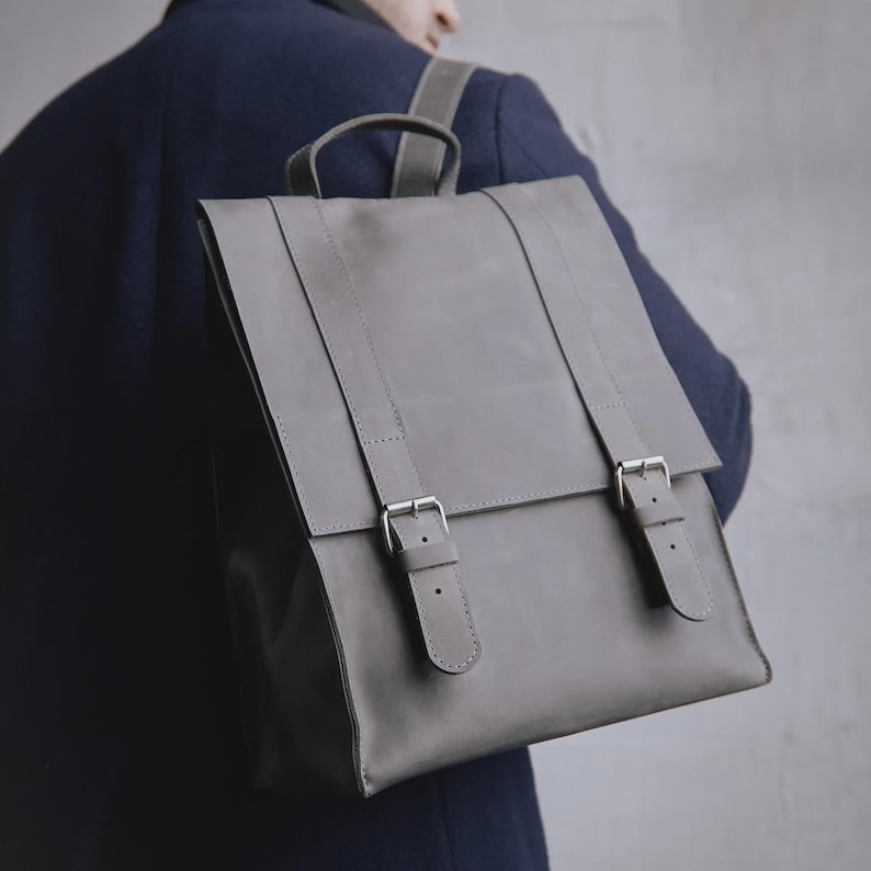 Vintage Gray Leather Backpack – 14" Laptop Daypack for Travel, Office ...