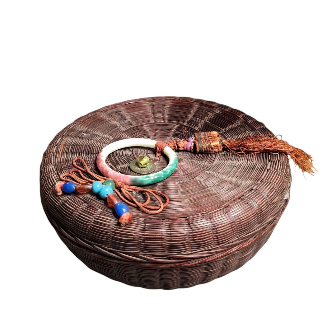 Vtg Victorian Sewing Basket Asian Design W/ Ring Coin Beads Tassel 10 ...