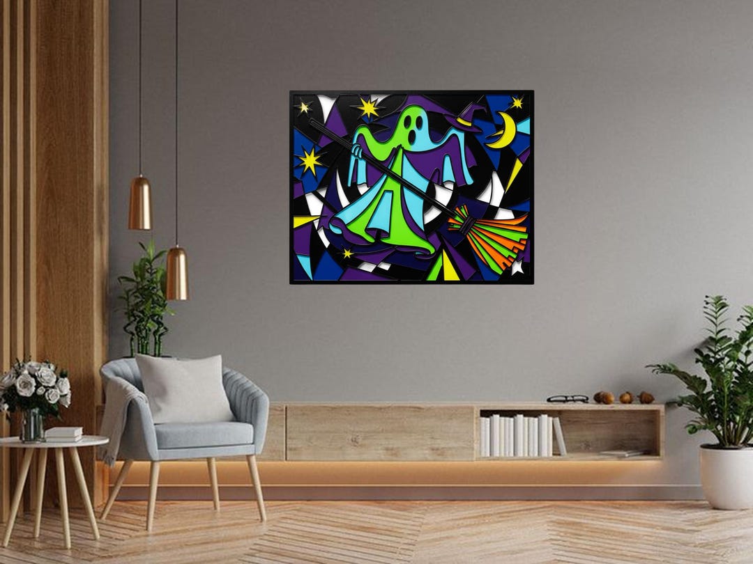 Cubist Halloween Ghost Art | Witch on Broomstick Decor | Spooky Wall ...