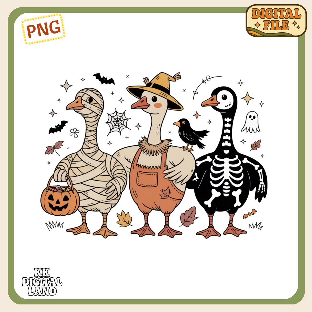 Halloween Goose Trio PNG | Mummy Goose, Scarecrow Goose, Skeleton Goose ...