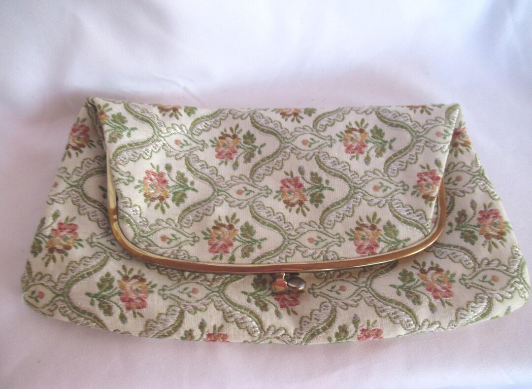 Vintage Ingber Floral Clutch Purse Beige Tapestry Like Embroidered Kiss ...