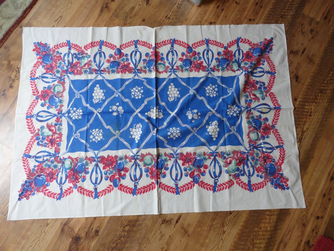 Vintage White Blue & Red Cotton Tablecloth Blue Cherries Red Flowers ...