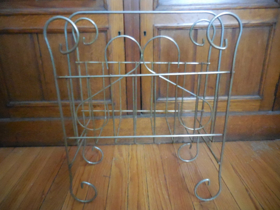 Vintage Metal Wire Gold Tone Magazine Rack Scrolls Living Room Den ...