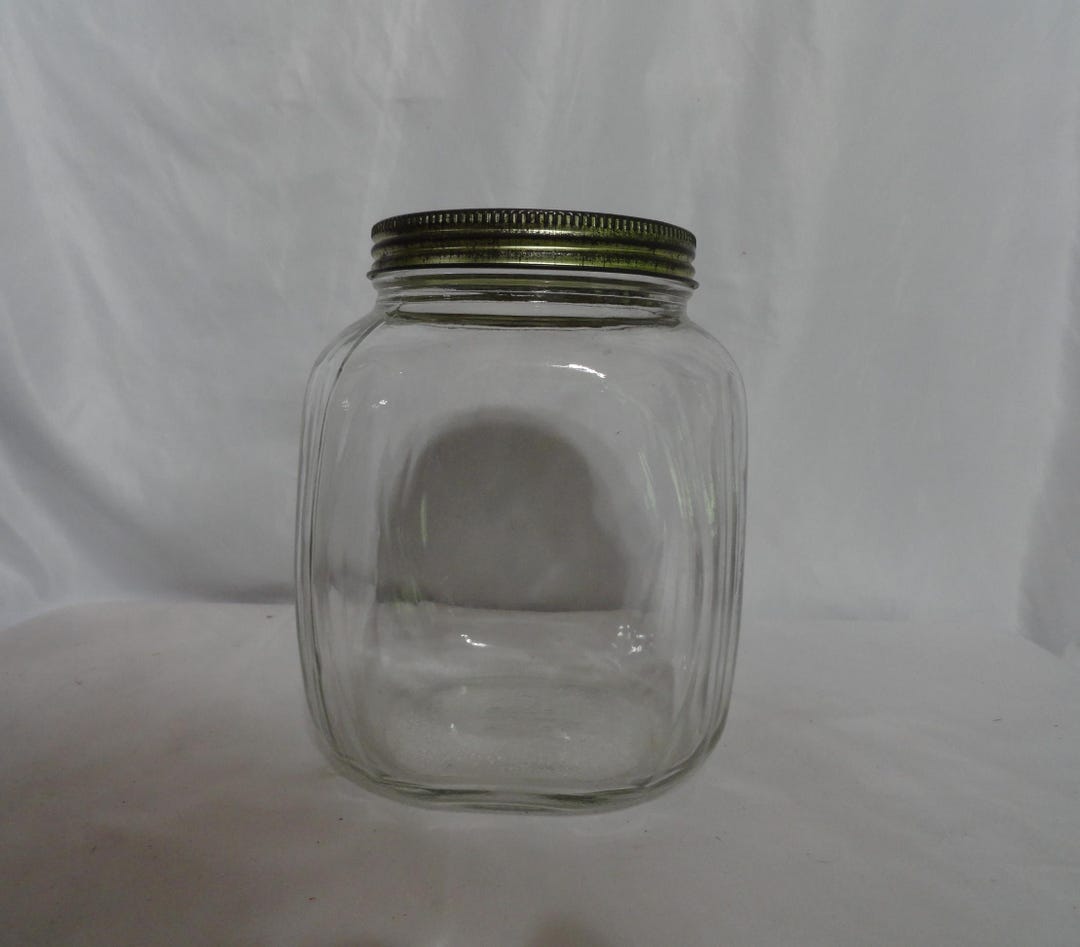 Vintage Hazel Atlas Square Clear Glass Jar Metal Screw Lid Canister ...