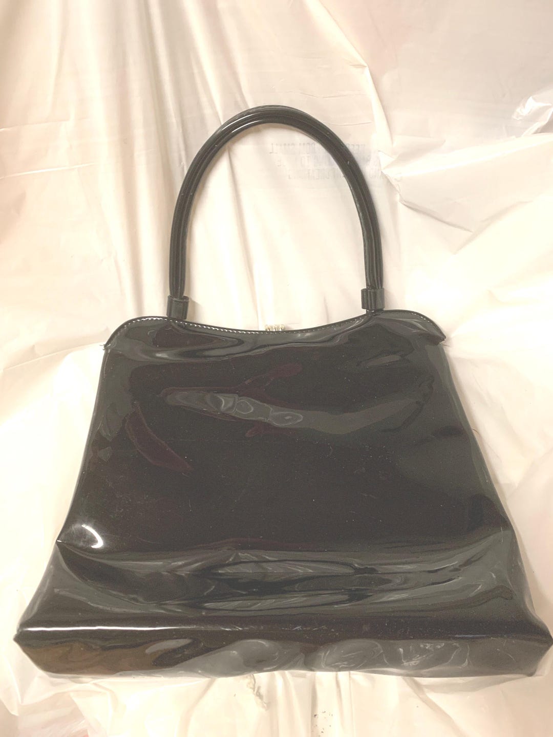 Vintage Black Patent Leather Handbag Large Silver Tone Hardware ...