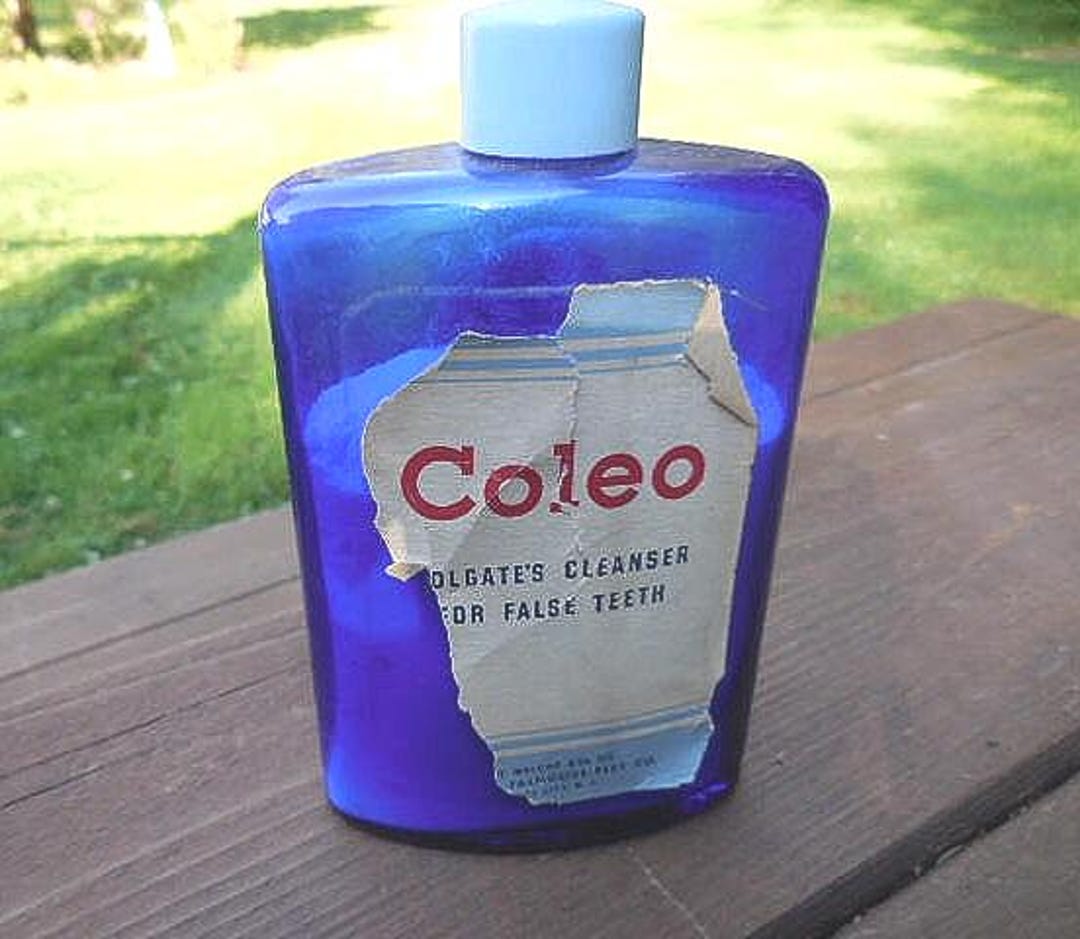 Vintage Cobalt Blue Glass Bottle Colgate's Cleanser False Teeth Coleo ...