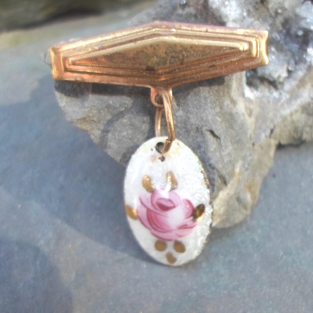 Vintage Guilloche Pink Rose Pin Hanging 1930s to 1950s Brooch Oval ...