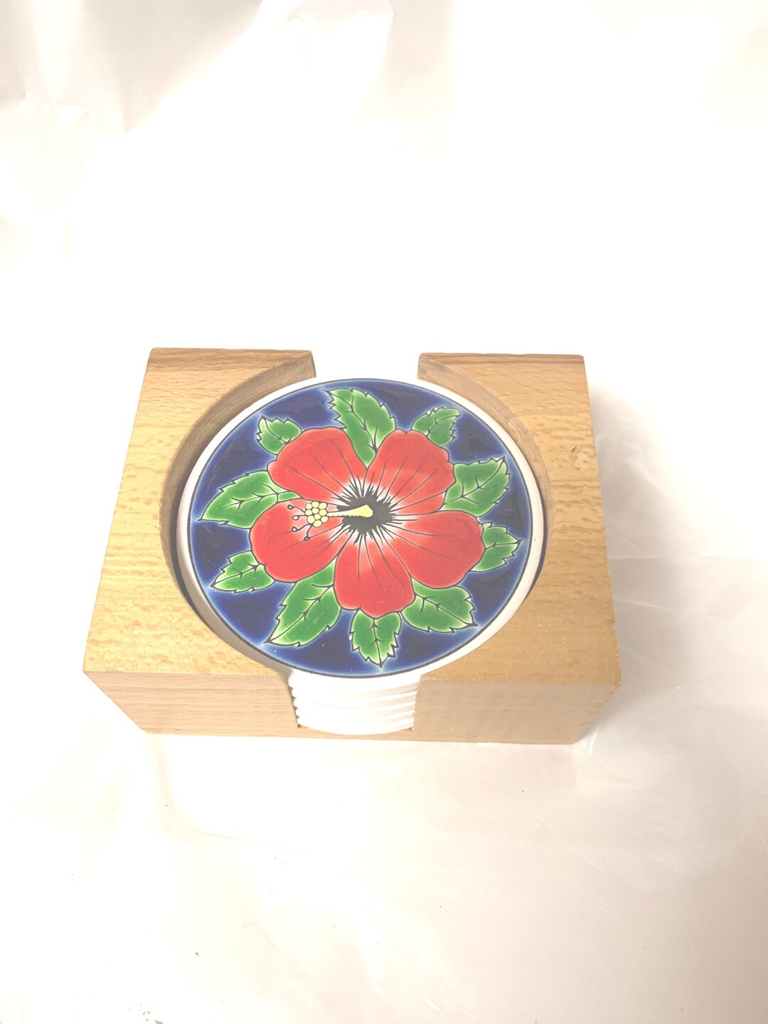 Vintage Pandora Ceramics Coasters, Greek Hibiscus Flower, Set of 5 ...