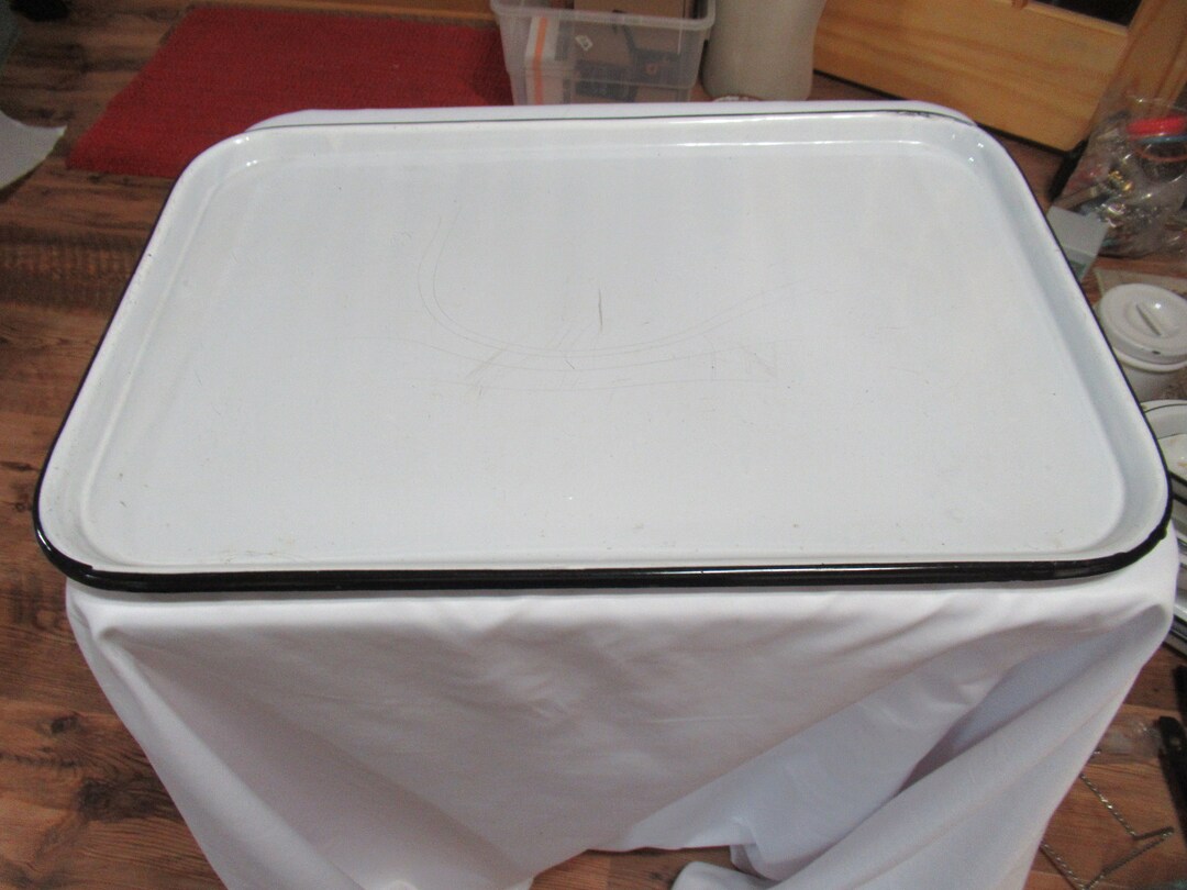 Vintage White & Black Enamel Large Tray Farmhouse Country Decor ...