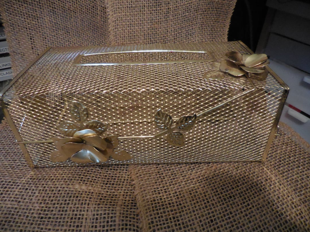 Vintage Tissue Box Cover Gold Metal & Wire Hollywood Regency Flowers ...