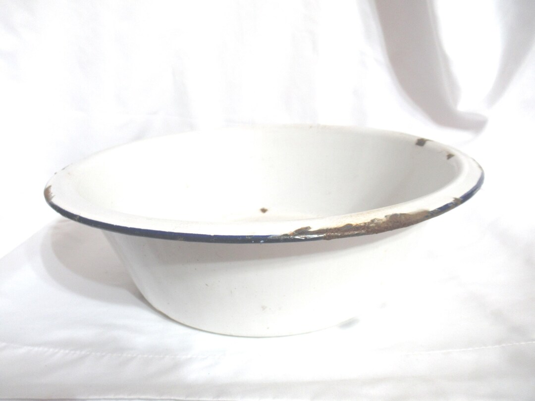 Vintage Enamel Basin, White With Blue Trim, Rusty, Dings and Dents ...
