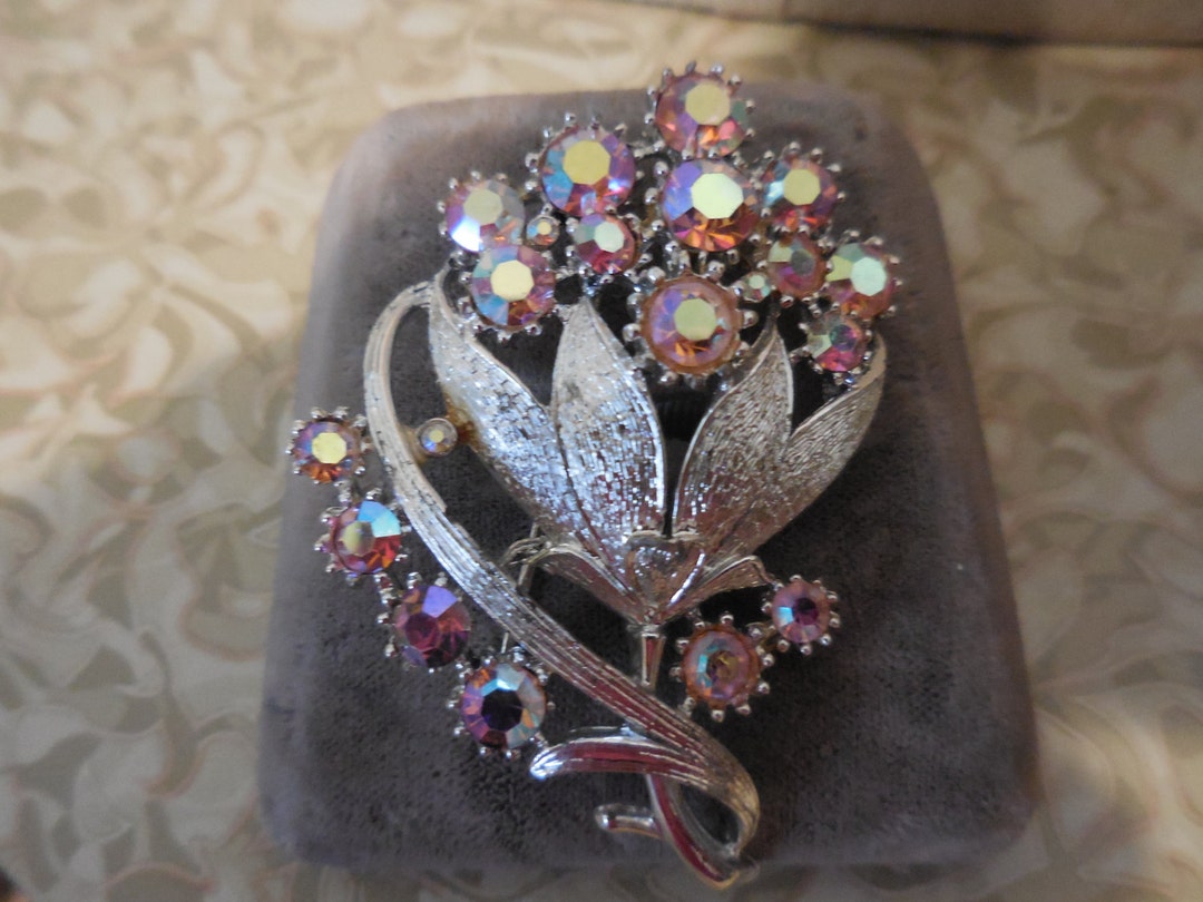 Vintage Coro Pink Rhinestone Pin Flower Iridescent Brushed Silver Tone ...