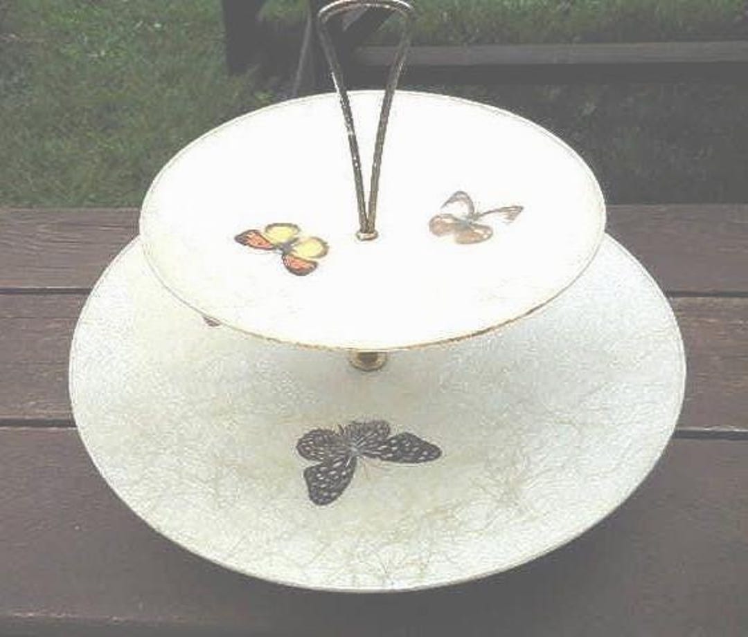 Vintage Two Tier Tidbit Tray With Butterflies, Beige, Mid Century ...