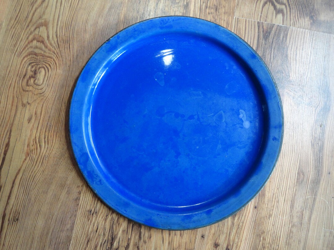 Vintage Large Blue Enamel Plate Small Tray Black Trim Kitchen Decor ...