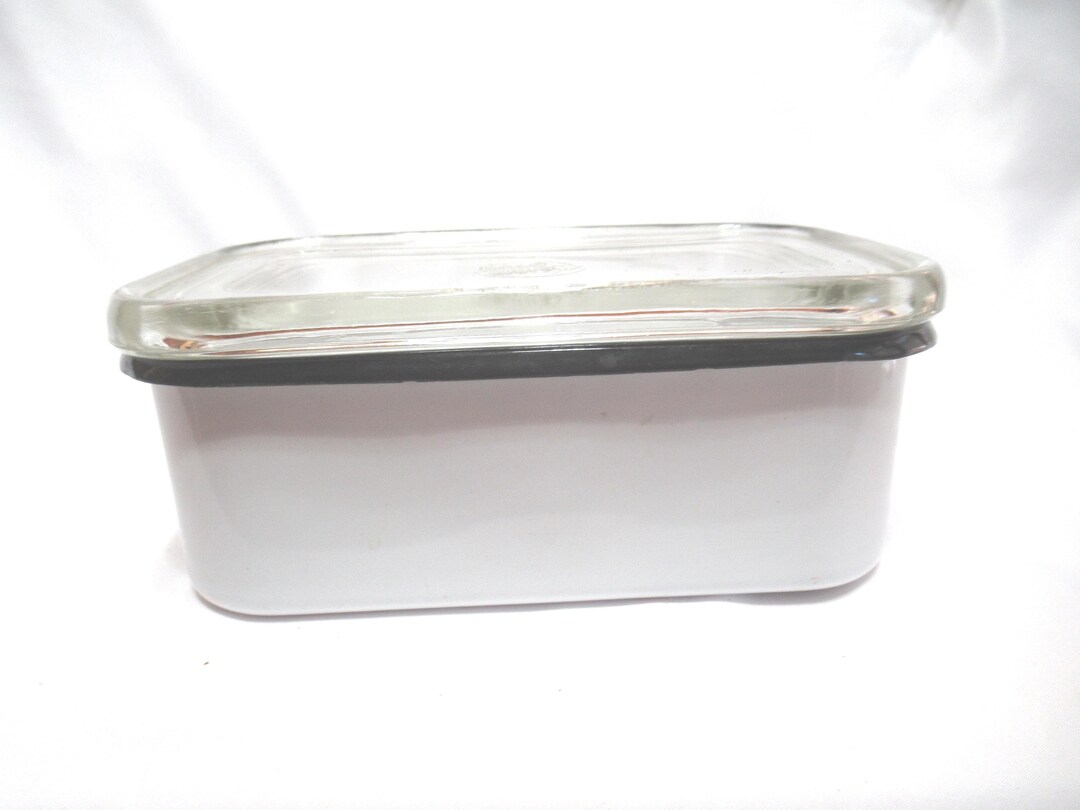 Vintage Beco Ware Glass Lidded Enamel Refrigerator Bin, White With ...