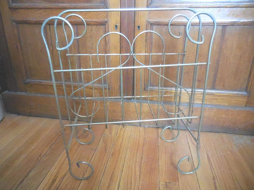 Vintage Wire Magazine Rack Gold Tone Metal Scrolls Living Room Den ...