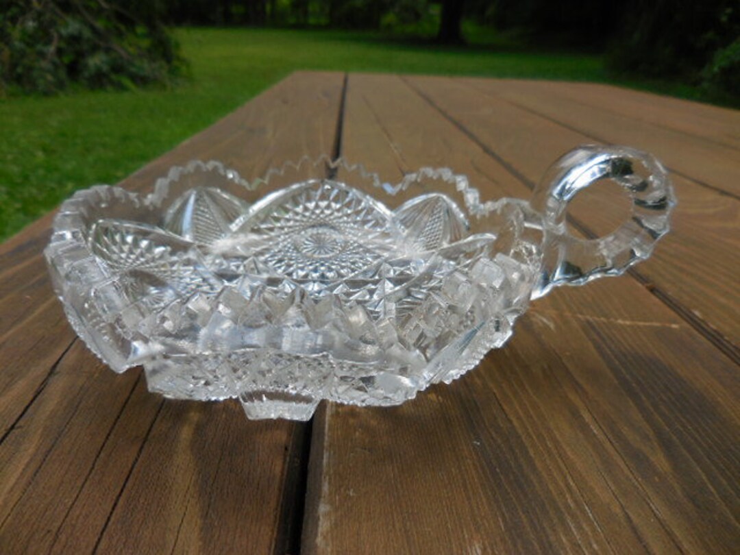 Vintage Clear Pressed Sawtooth Edge Glass Dish Candy Finger Hold Handle ...