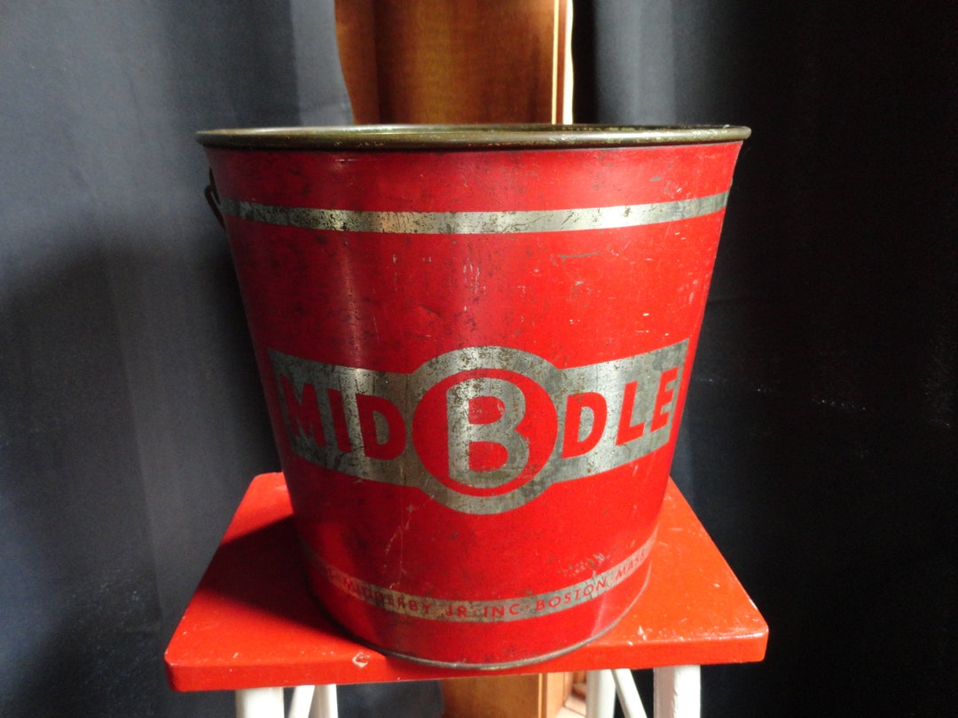 Vintage Large Red Metal Food Pail, Bucket, Joseph Middleby, Wooden ...