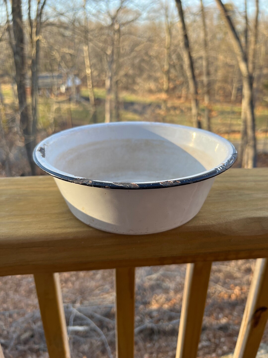 Vintage White Enamel Bowl Basin Black Trim Small Chippie Plant Holder ...