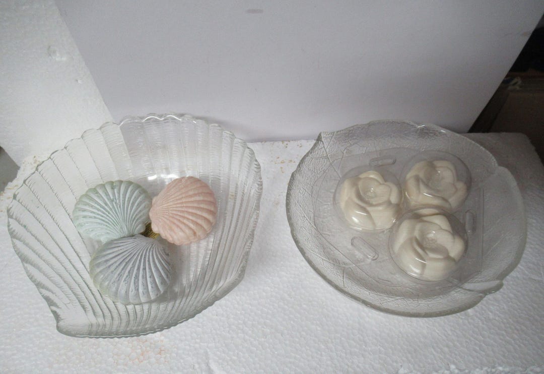 Vintage Avon Clear Glass Dish & Soaps Clamshell or Leaf Pink Blue ...