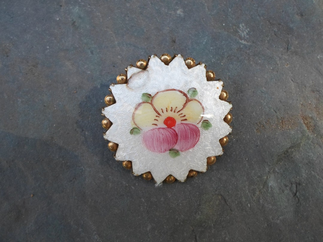 Vintage Women's Guilloche Enamel Pin Small White Pink Yellow Flower ...