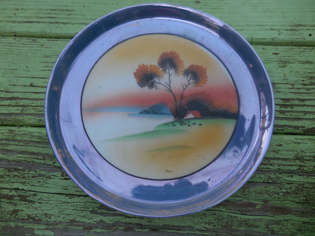 Vintage Blue & Orange Lusterware Plate Made in Japan Green Trees House ...