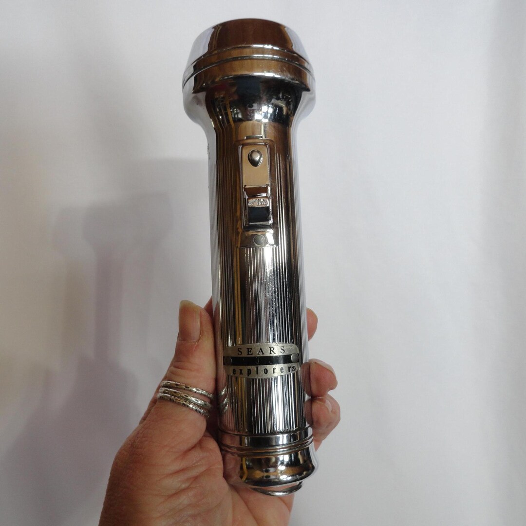 Vintage Sears Explorer Flashlight Silver Tone Lined Chrome Working Condition Ring Hanger Small 2 ...