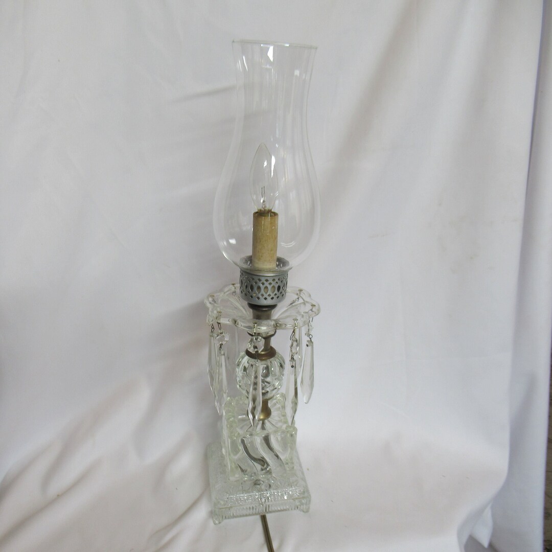 Vintage Crystal Lamp Hanging Crystals Silver Tone Clear Glass Chimney ...