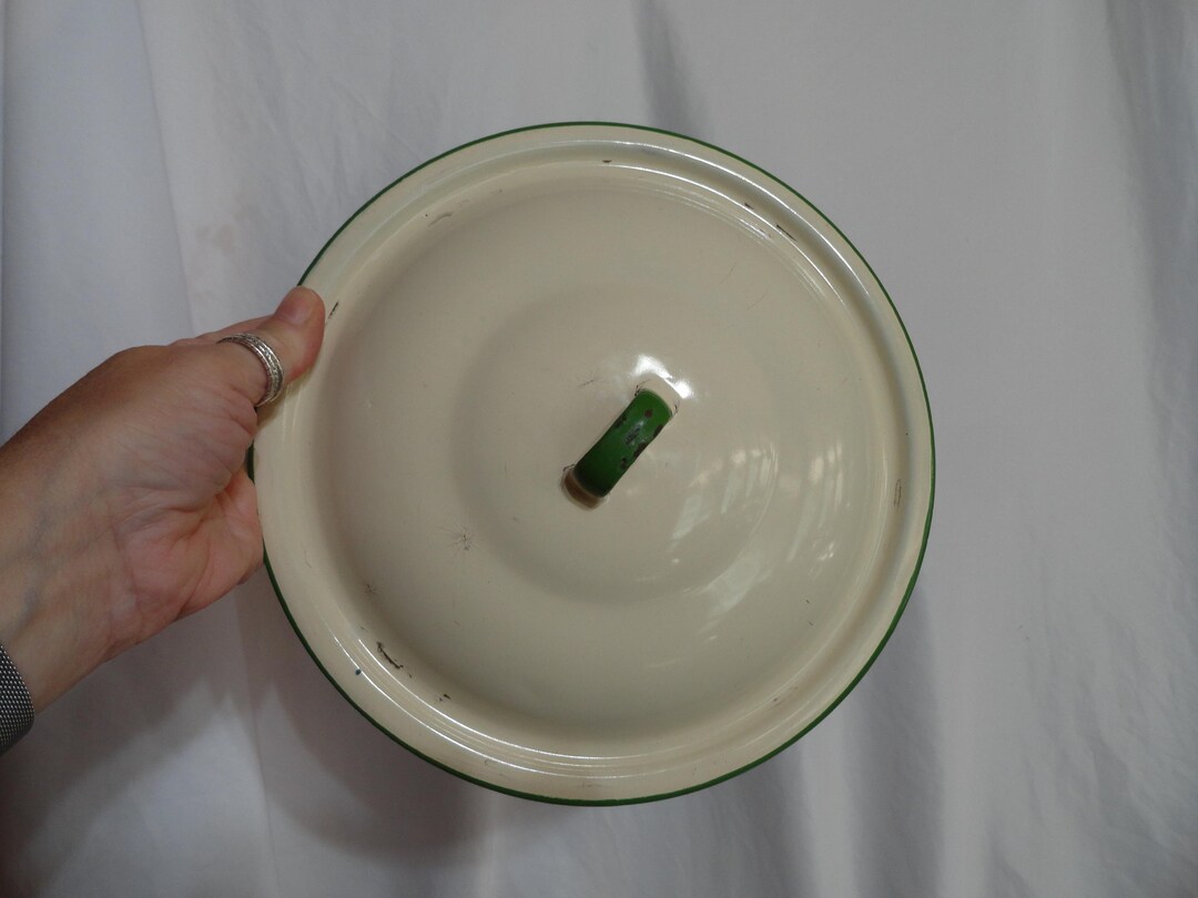 Vintage Cream Enamel Pan Cover Pot Lid Green Trim Use or Repurpose ...
